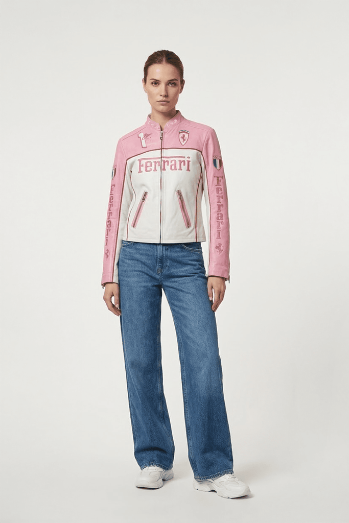 Ferrari F1 Vintage Racing Leather Jacket - Pink & White Edition – J4R