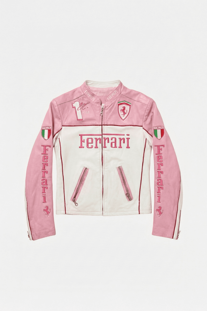 Ferrari F1 Vintage Racing Leather Jacket - Pink & White Edition – J4R