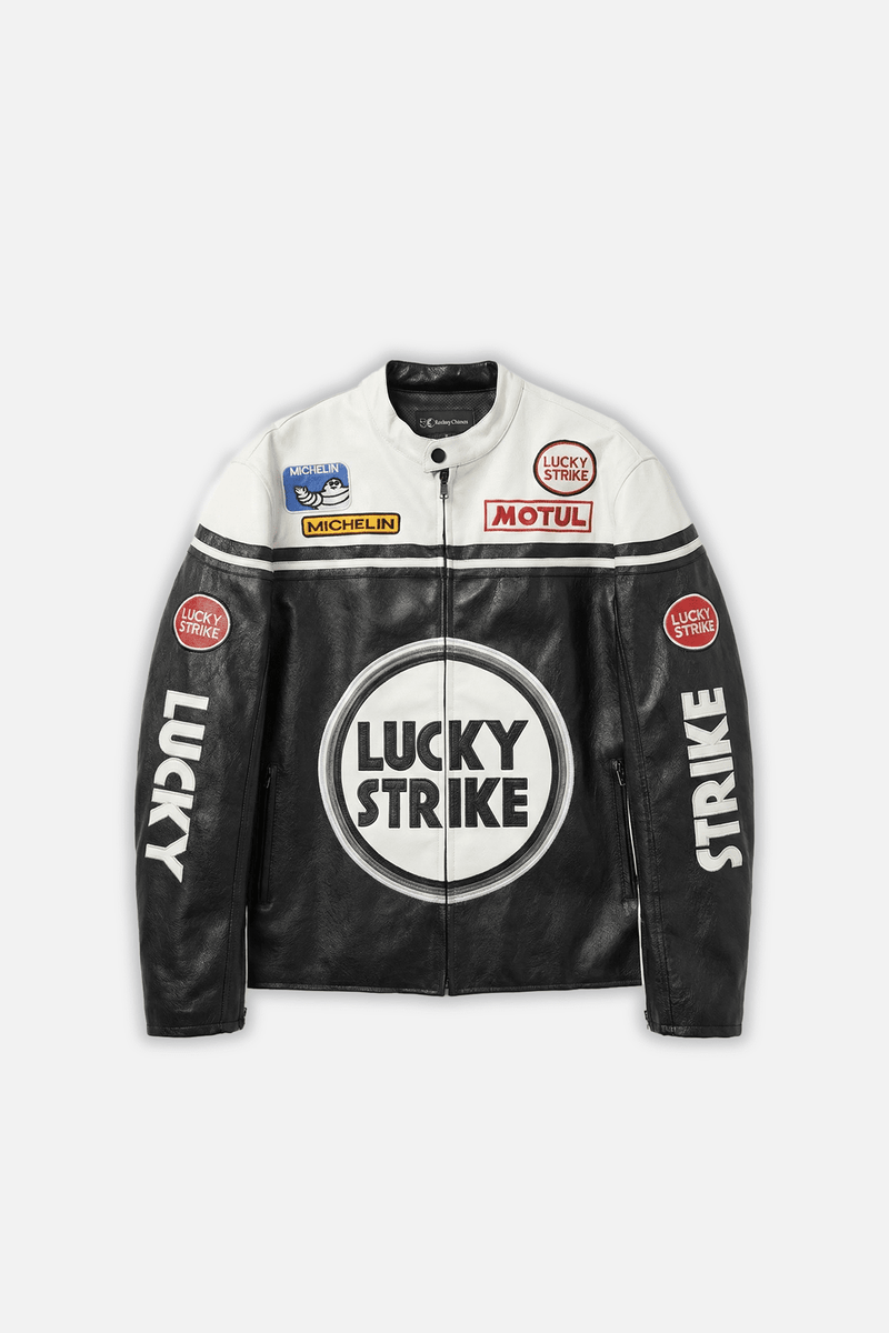 Lucky Strike Leather Jacket - Vintage Racing Jacket - White Black ...
